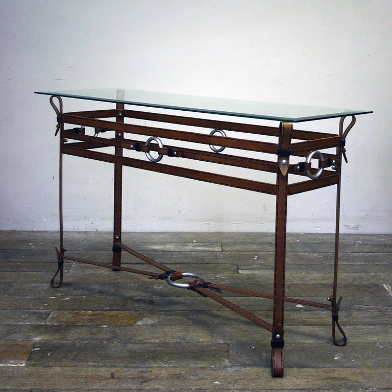 Hermes Style Faux Leather Metal Console Table at 1stDibs