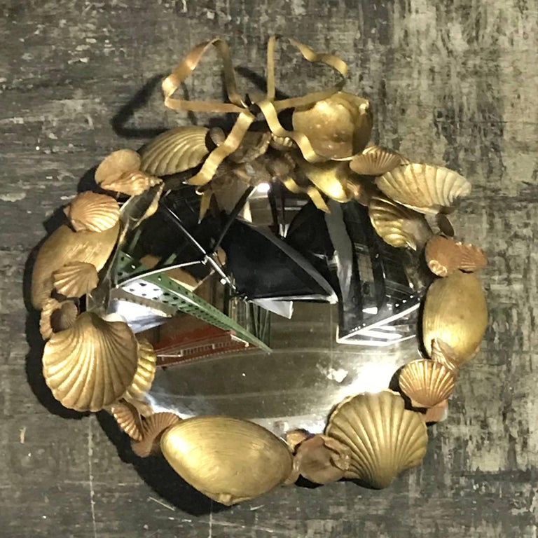 Pair of French Brass Shell Motif Convex Mirrors For Sale at 1stDibs