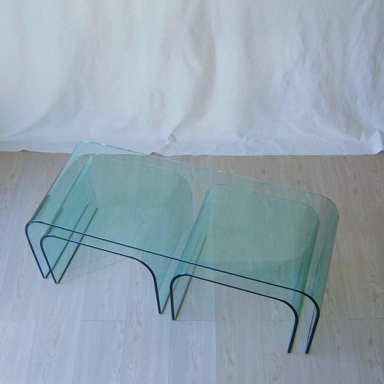 Set of 3 Italian Fiam Curved Crystal Glass Center, Nesting Table, 1980 ...