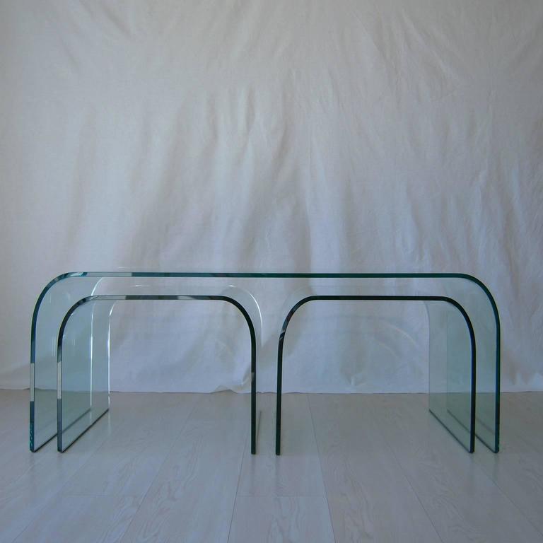 Set of 3 Italian Fiam Curved Crystal Glass Center, Nesting Table, 1980 ...