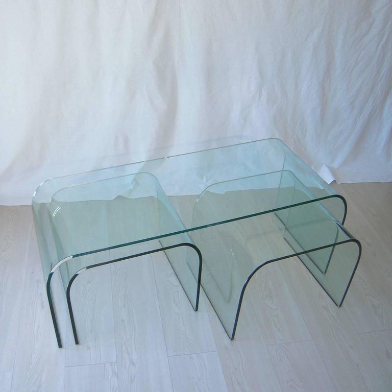 Set of 3 Italian Fiam Curved Crystal Glass Center, Nesting Table, 1980 ...