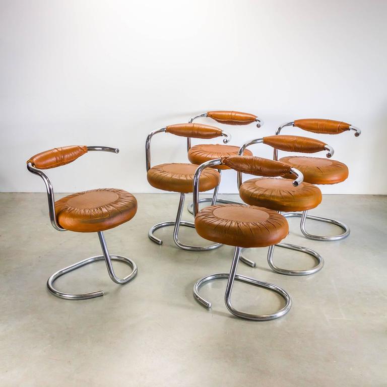 1970s Giotto Stoppino Chair / Stool 'Cobra' Cognac, Set of Six at 1stDibs
