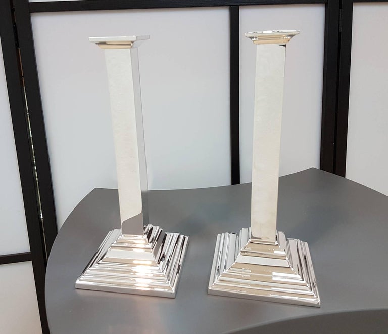 20th Century Italian Sterling Silver Pair of Modern square Candlesticks ...