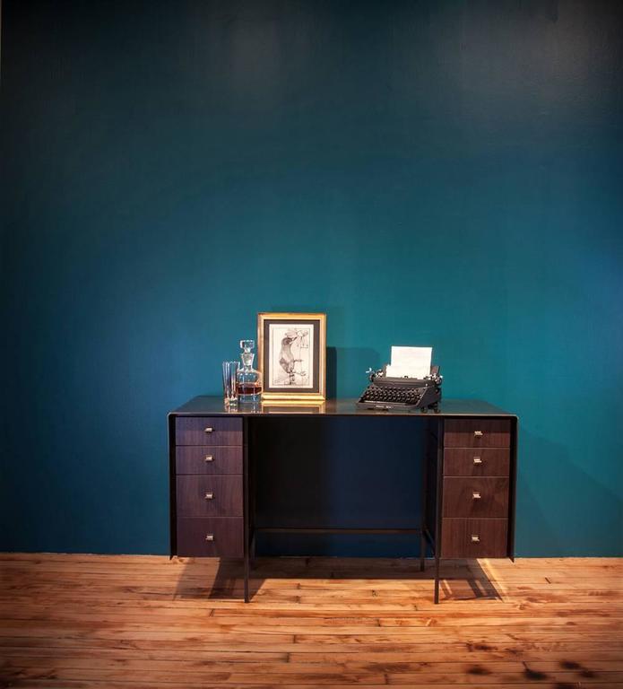 Custom Bent Office/Writing Desk, Made of Bronze and Walnut Drawers For ...