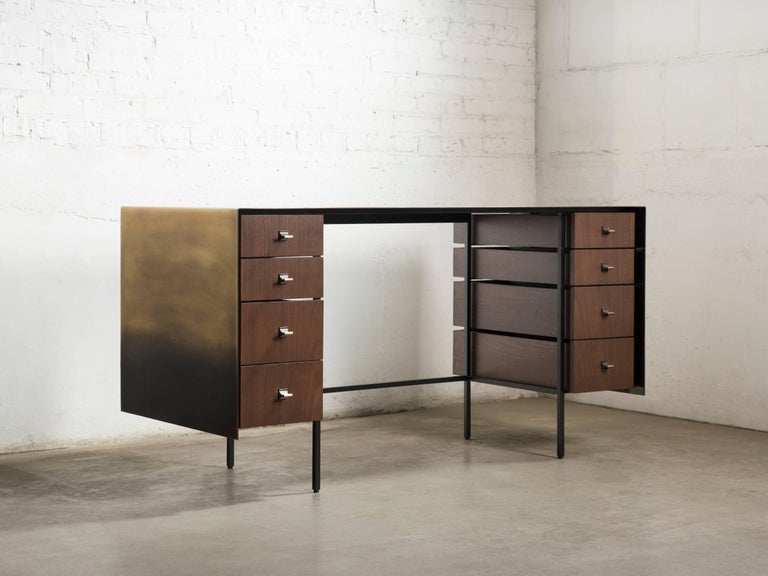 Custom Bent Office/Writing Desk, Made of Bronze and Walnut Drawers For ...