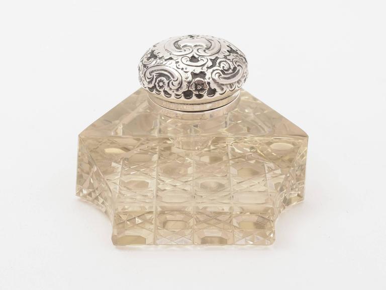 19th Century Victorian Silver Topped and Cut-Glass Ink Pot and Pen Tray ...