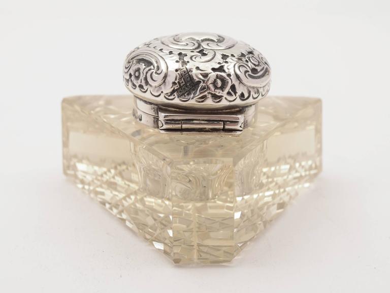 19th Century Victorian Silver Topped and Cut-Glass Ink Pot and Pen Tray ...