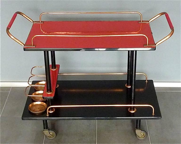 Bauhaus Bar Cart Serving Drinks Trolley Black Wood Red Formica Copper ...