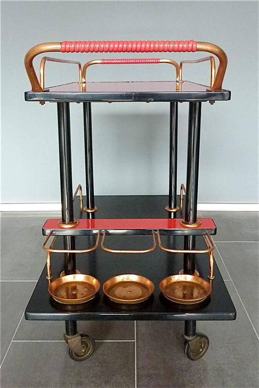 Bauhaus Bar Cart Serving Drinks Trolley Black Wood Red Formica Copper ...