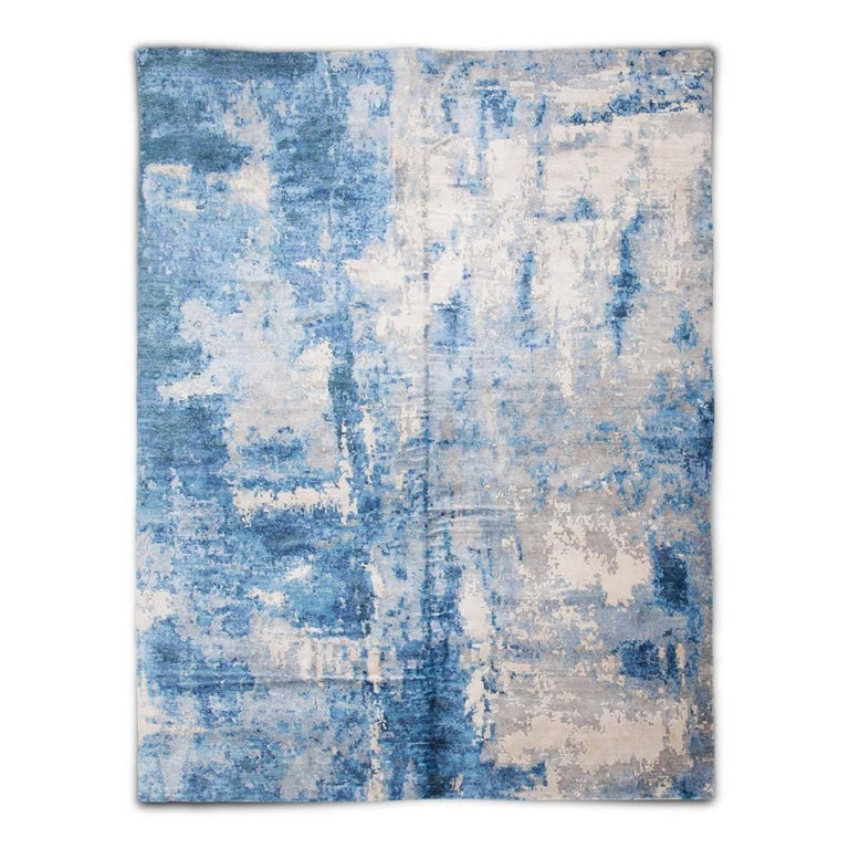 Blue Abstract Rug, Contemporary Design in Silk and Wool at 1stDibs