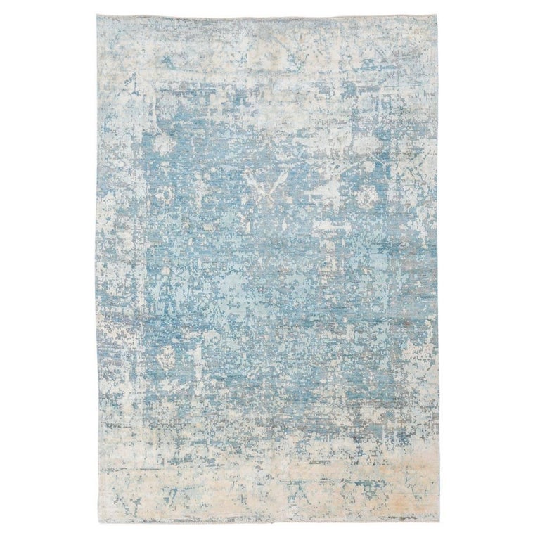 Handmade Contemporary Rug in Silk and Wool Turquoise and Beige Shades ...