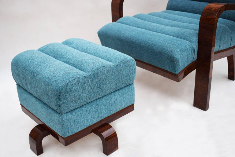 Art Deco Blue Armchair with Tabourette. For Sale at 1stDibs