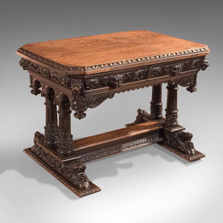 19th Century Antique Library Table, Victorian Carved Oak, Scottish ...