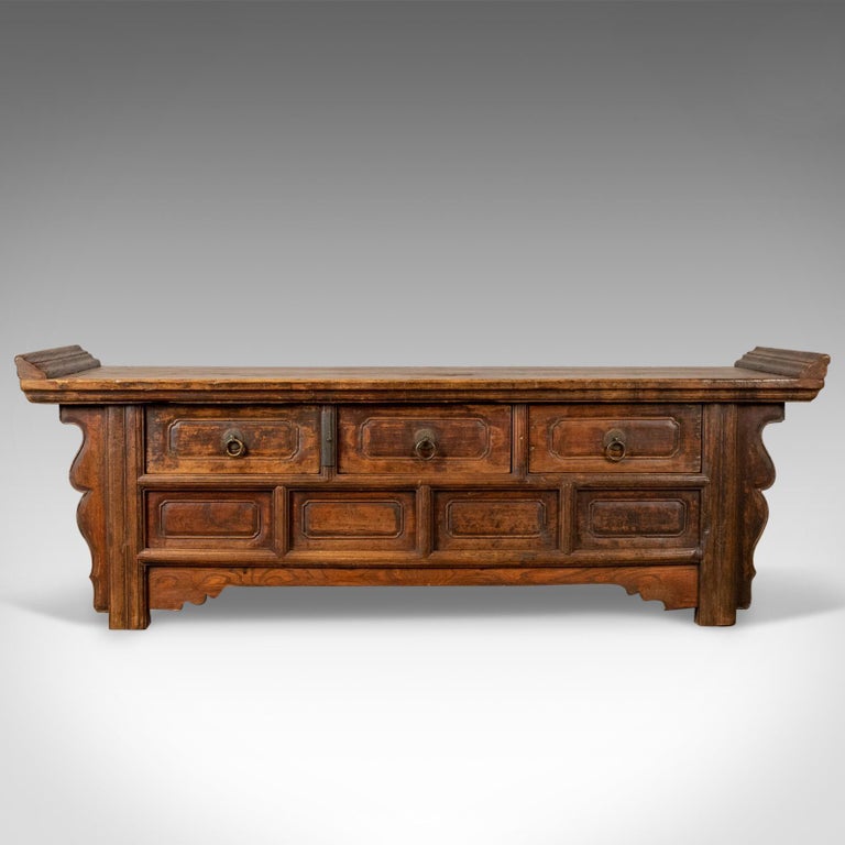 Midcentury Chinese Elm Low Cabinet-Seat, Broad Bench, Storage, 20th ...
