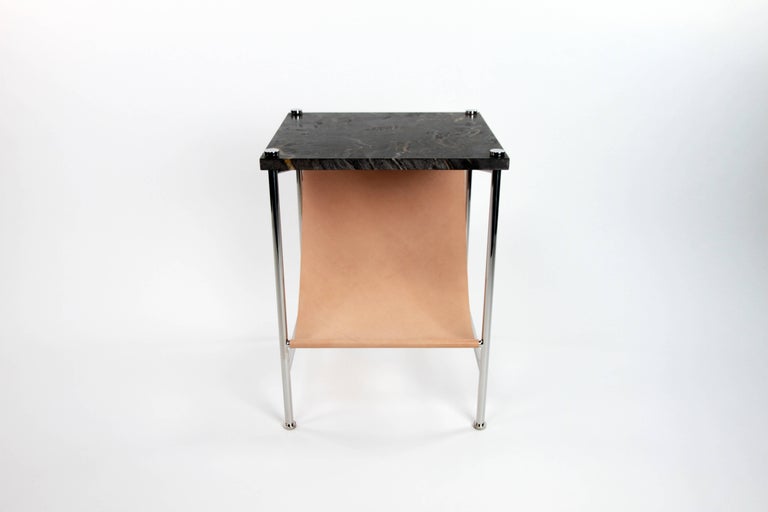 Leather Sling Side Table in Stainless Steel, Black Marble and Tan ...