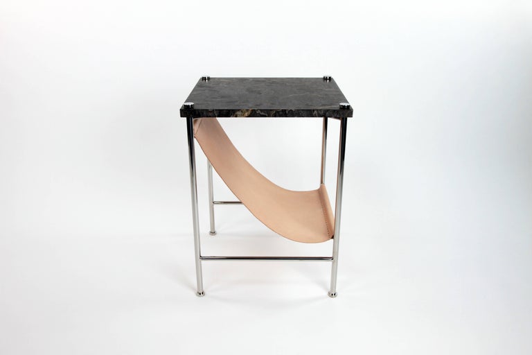 Leather Sling Side Table in Stainless Steel, Black Marble and Tan ...
