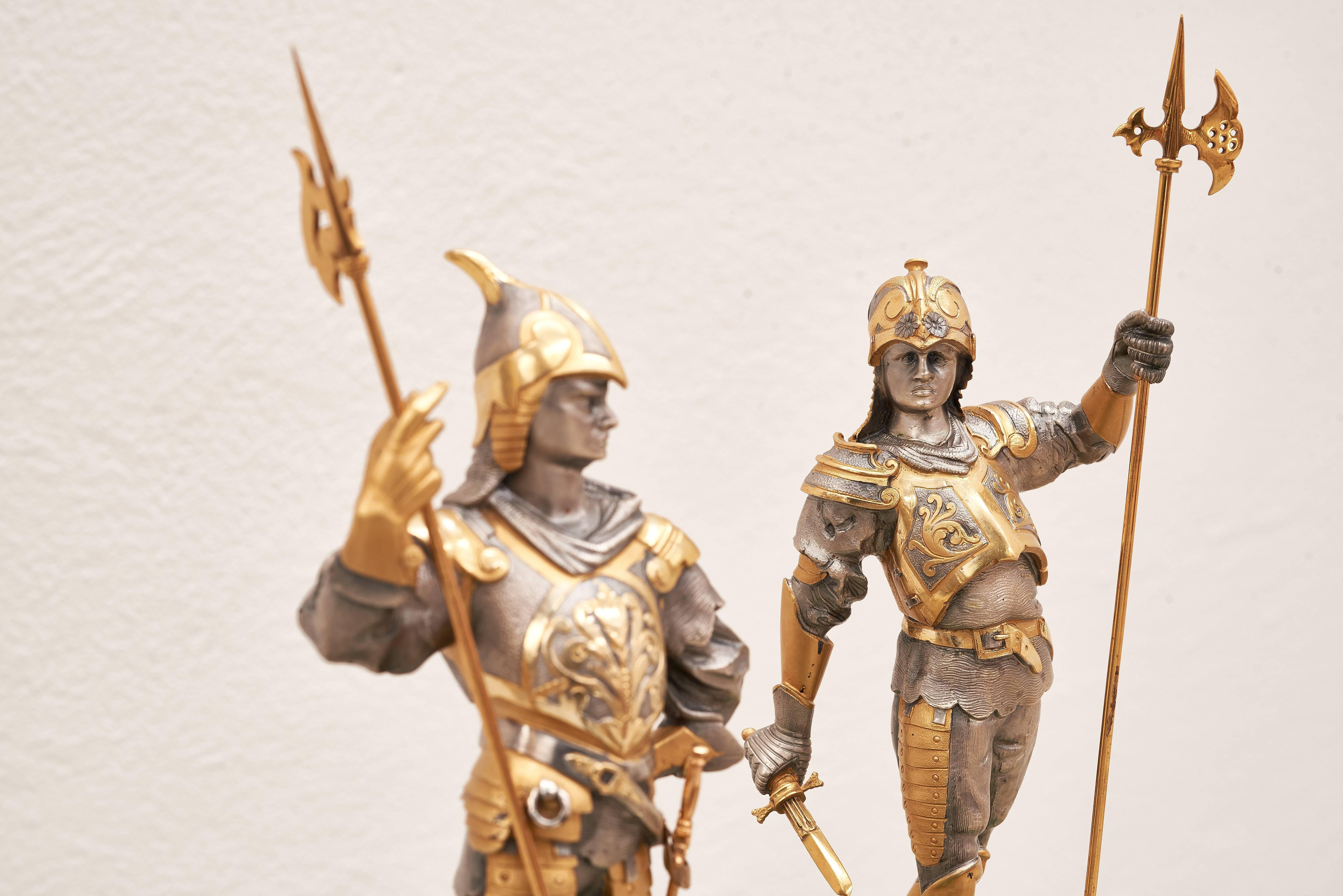 Pair of Silvered and Gold Bronze Medieval Soldier Statues on Malachite ...
