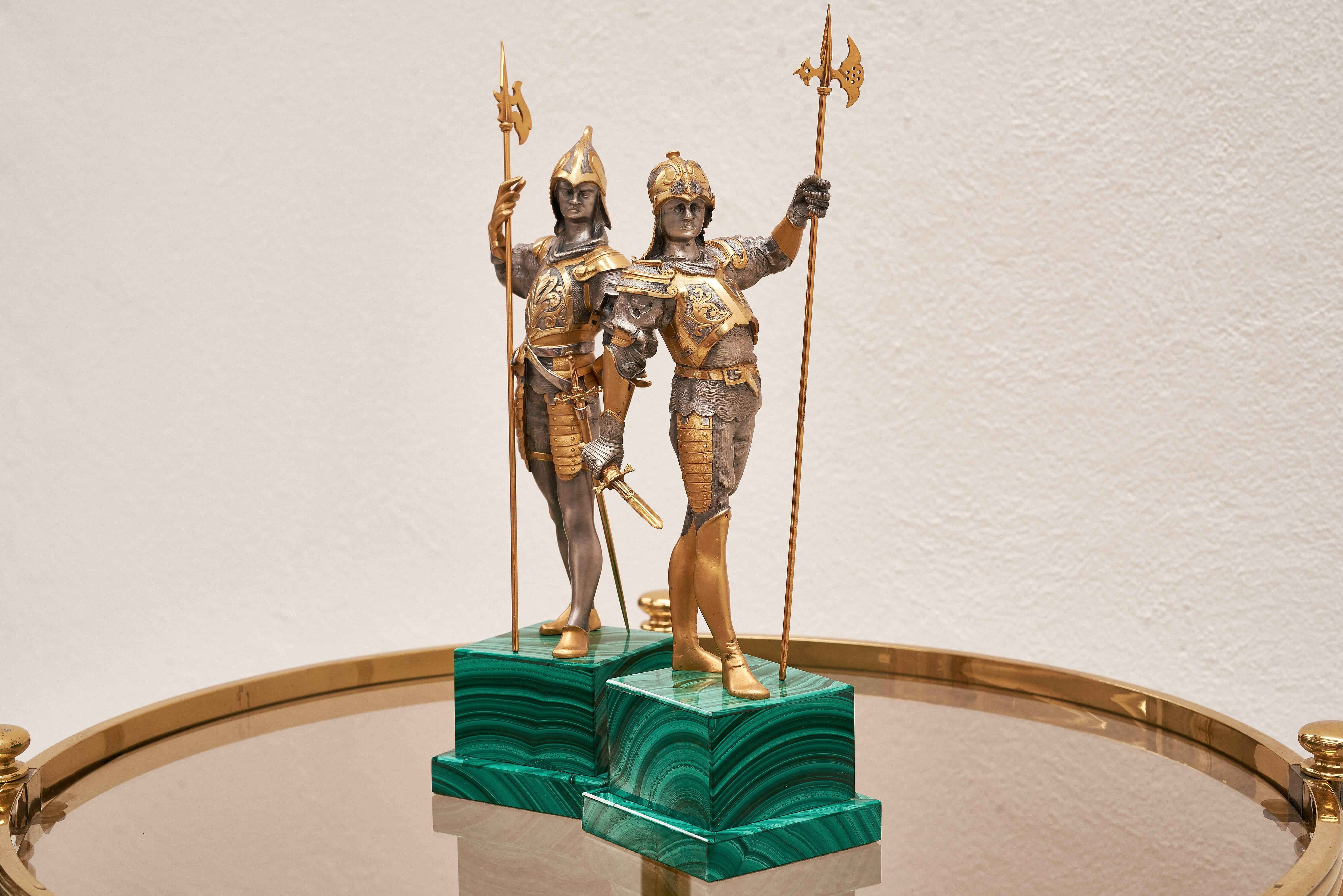 Pair of Silvered and Gold Bronze Medieval Soldier Statues on Malachite ...