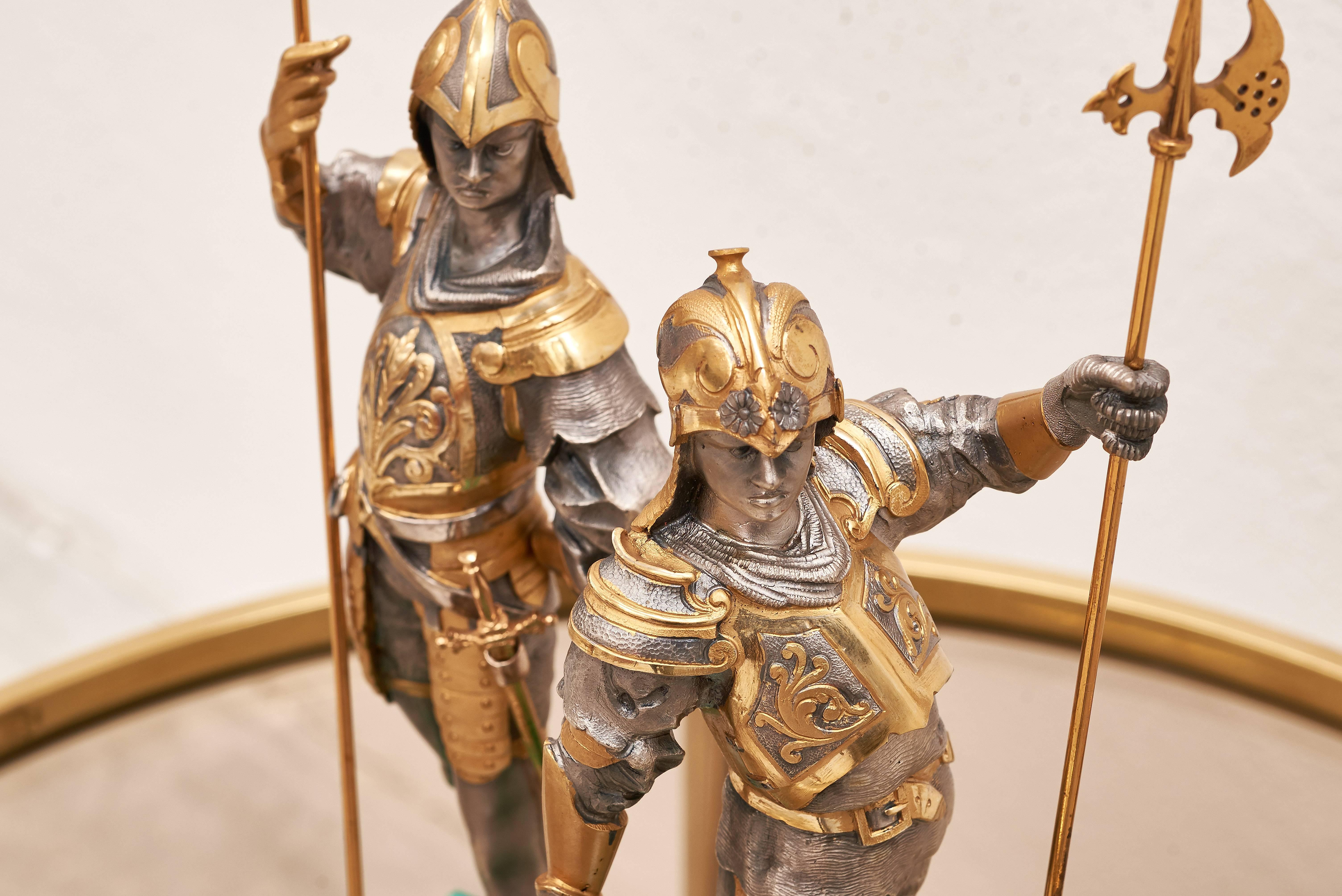 Pair of Silvered and Gold Bronze Medieval Soldier Statues on Malachite ...