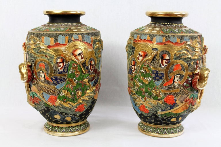 Pair of Satsuma Porcelain Vases, Relief Decor, Japan at 1stDibs