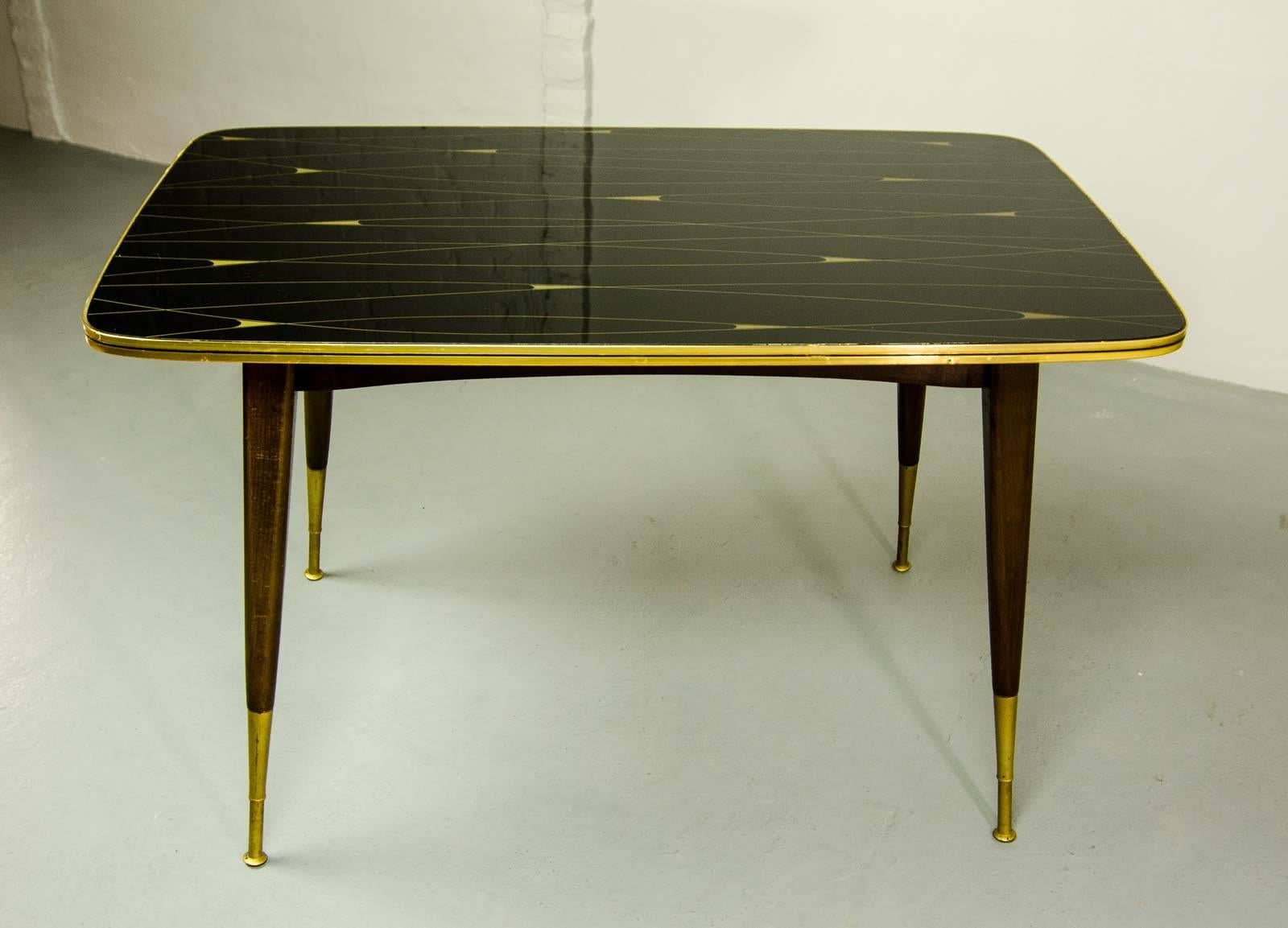 Mid-Century Elegant Brass with Black and Gold Painted Glass Game Table ...