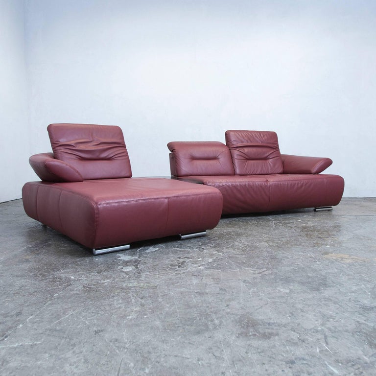 Designer Corner Sofa Bordeaux Red Leather Couch Function Recamiere ...
