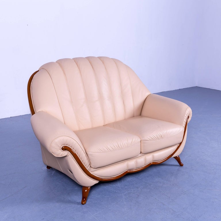 Nieri Designer Sofa Crème Beige Leather Two-Seat Couch Wood at 1stDibs