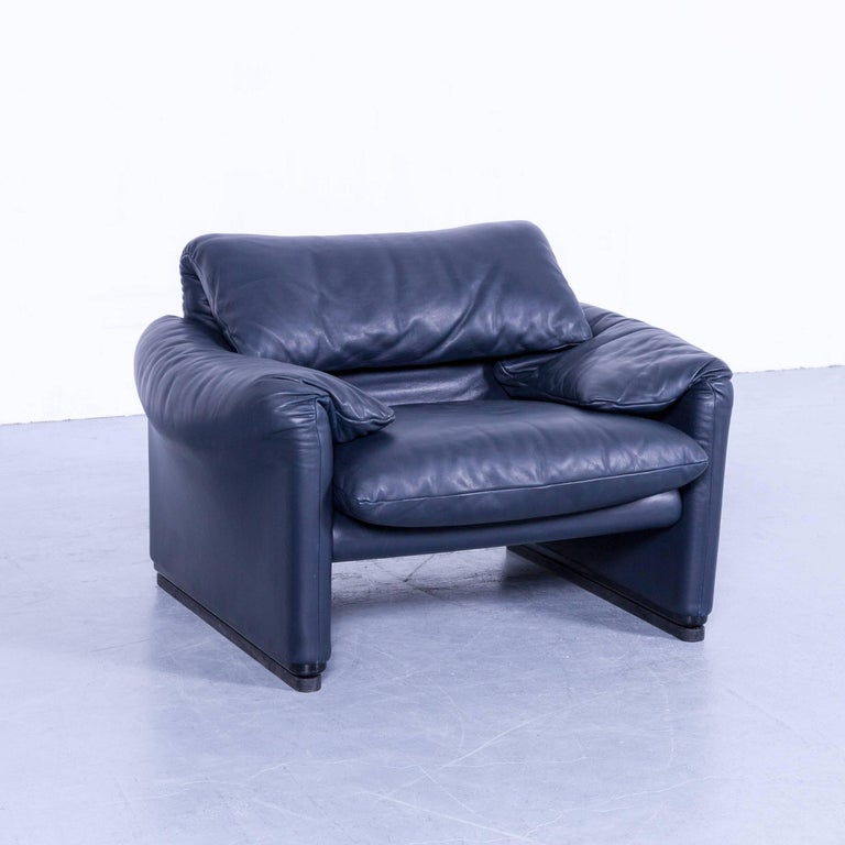Cassina Maralunga Blue Leather Armchair and Stool Set by Vico ...