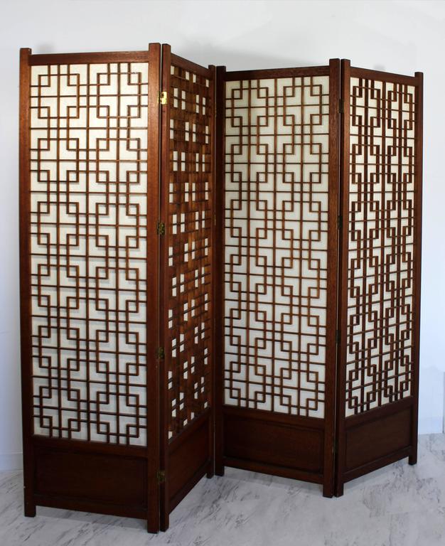 Mid-Century Modern Mahogany Geometric Folding Four-Panel Standing ...