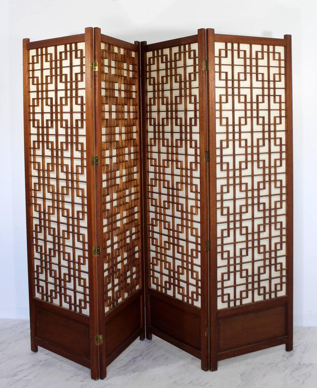 Mid-Century Modern Mahogany Geometric Folding Four-Panel Standing ...