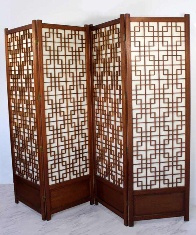 Mid-Century Modern Mahogany Geometric Folding Four-Panel Standing ...