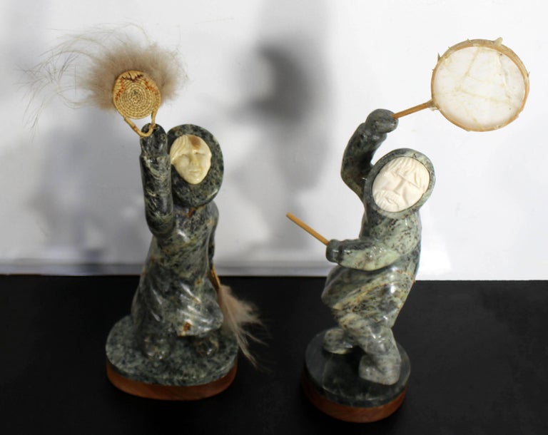Modern Pair of Eskimo Soapstone and Tusk Carving Table Sculptures ...