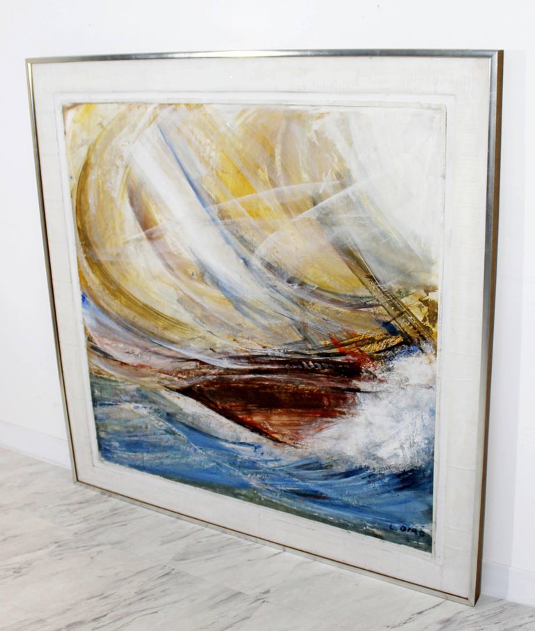 Mid-Century Modern L. Biro Framed Mixed-Media Acrylic Abstract Impasto ...