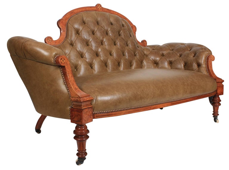 Victorian Inlaid Walnut Leather Three-Piece Suite For Sale at 1stDibs