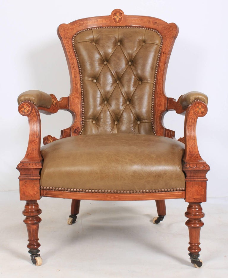 Victorian Inlaid Walnut Leather Three-Piece Suite For Sale at 1stDibs