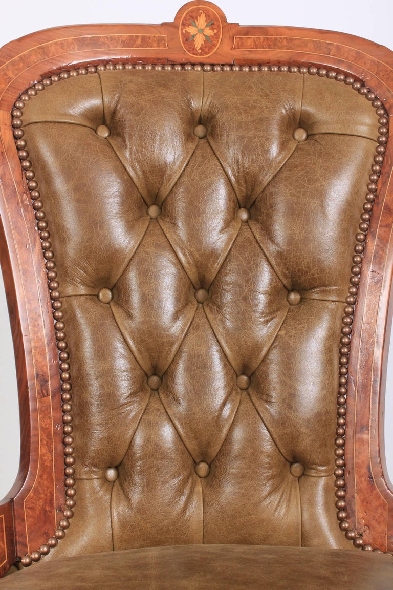 Victorian Inlaid Walnut Leather Three-Piece Suite For Sale at 1stDibs