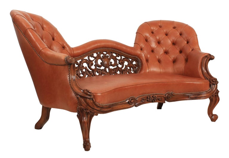 Victorian Walnut and Leather Double Spoon Back Sofa For Sale at 1stDibs