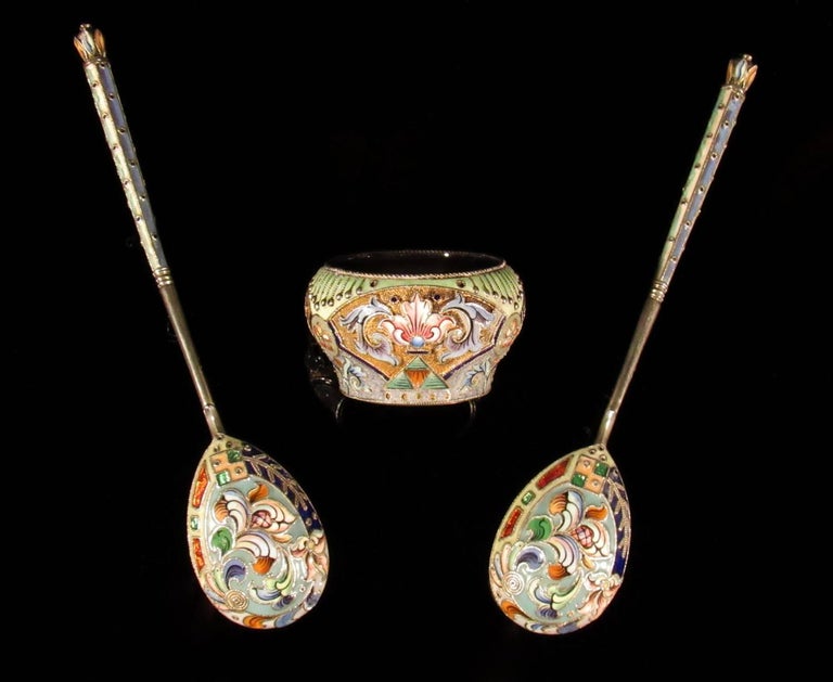 Faberge Silver and Enamel Spoons and Salt at 1stDibs