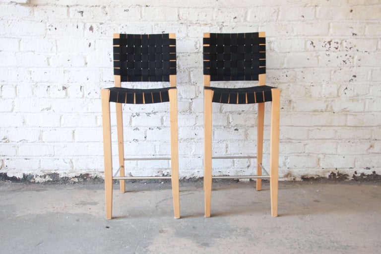 Risom Style Black Canvas Strap Bar Stools by Andreu World at 1stDibs