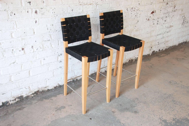 Risom Style Black Canvas Strap Bar Stools by Andreu World at 1stDibs