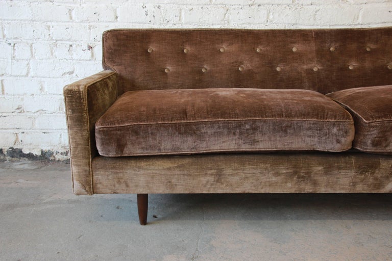 Baker Furniture Midcentury Tufted Brown Velvet Sofa at 1stDibs | brown ...