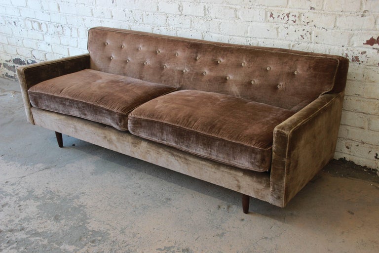 Baker Furniture Midcentury Tufted Brown Velvet Sofa at 1stDibs | brown ...
