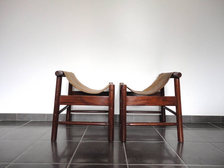 Dujo Cuba Pair of Architectural Stools in Mahogany and Goat Skin, 1970s ...