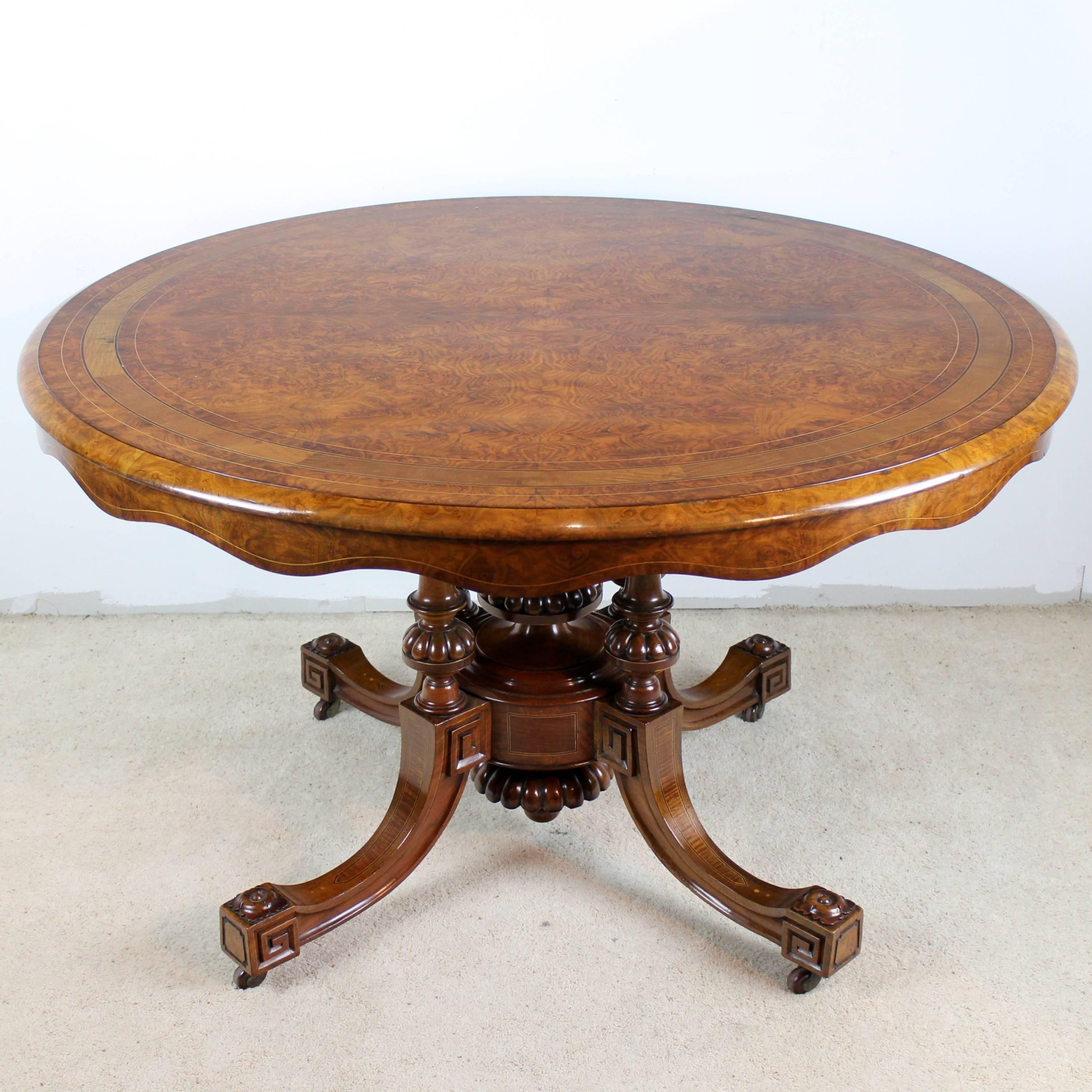 Victorian Burr Walnut, Satinwood, Box and Ebony Inlaid Circular Centre ...