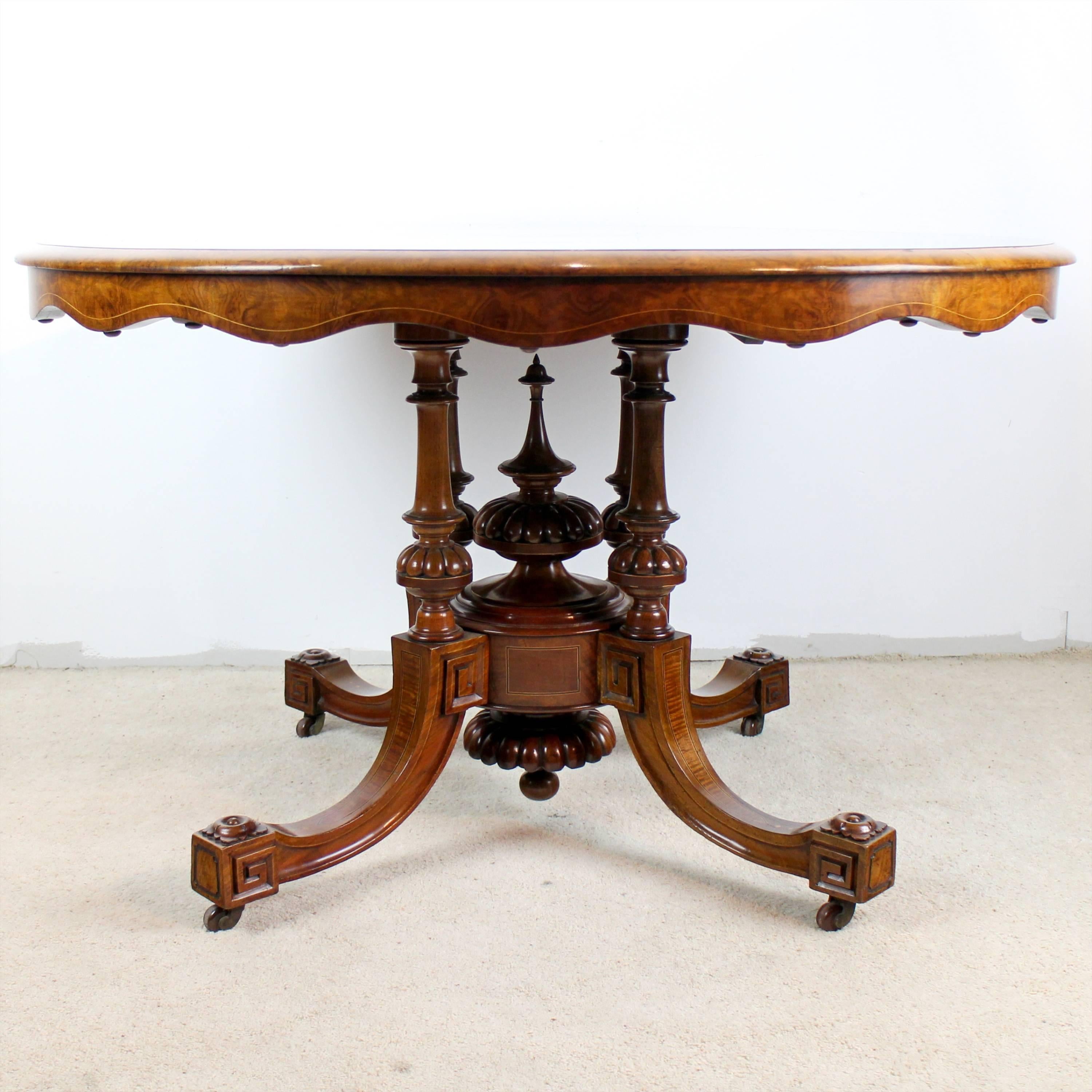 Victorian Burr Walnut, Satinwood, Box and Ebony Inlaid Circular Centre ...