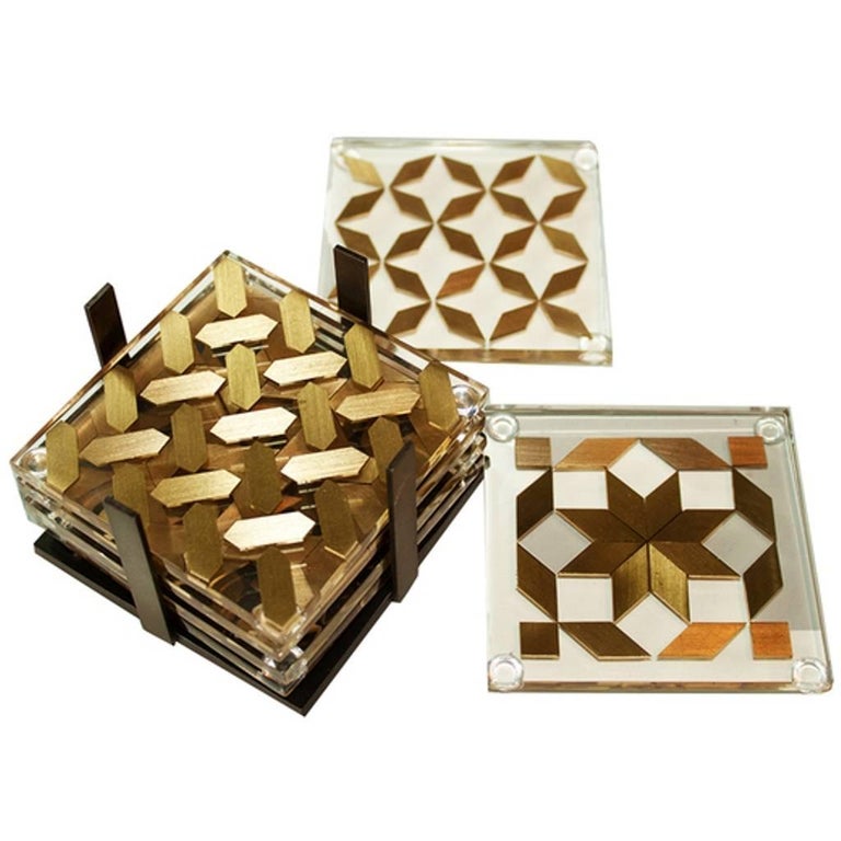 Clear Coaster Set, Contemporary Coaster Set with Brass Inlay For Sale ...