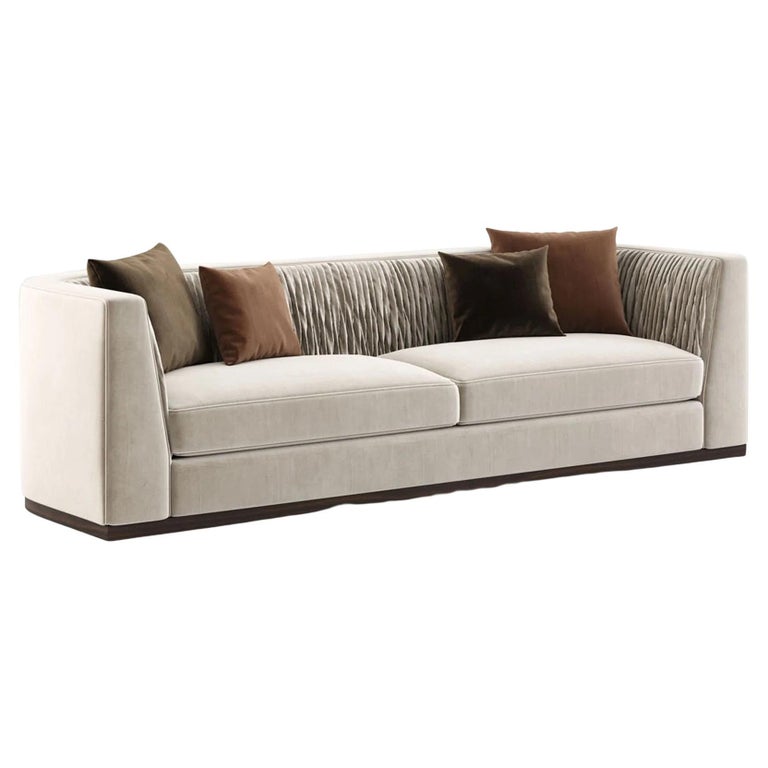 Contemporary Sofa Ft. Pleated Backrest in Beige Velvet For Sale at 1stDibs