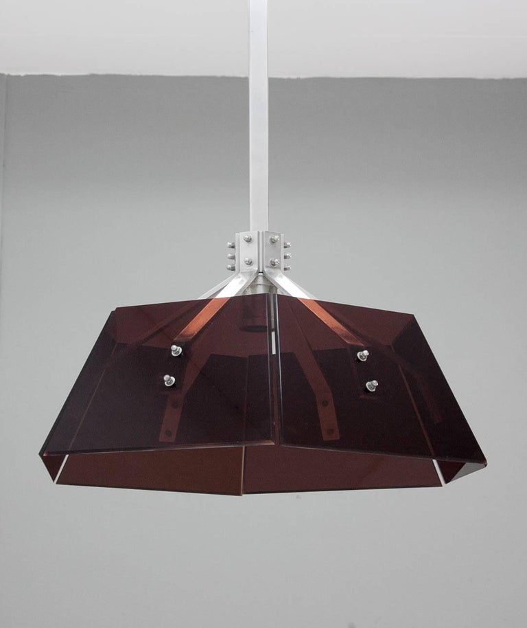 1970s Brown Plexiglass and Aluminum Pendant Light For Sale at 1stDibs