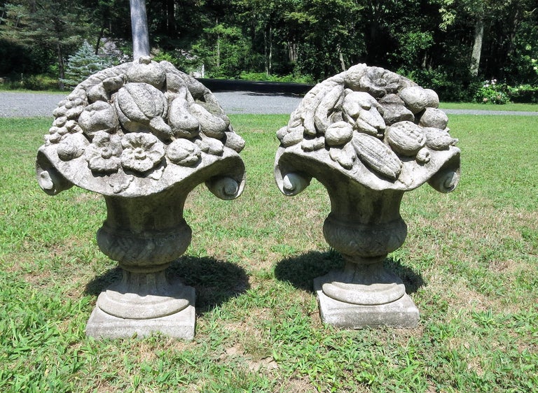 Pair of Vintage Cast Stone Baskets of Fruit For Sale at 1stDibs