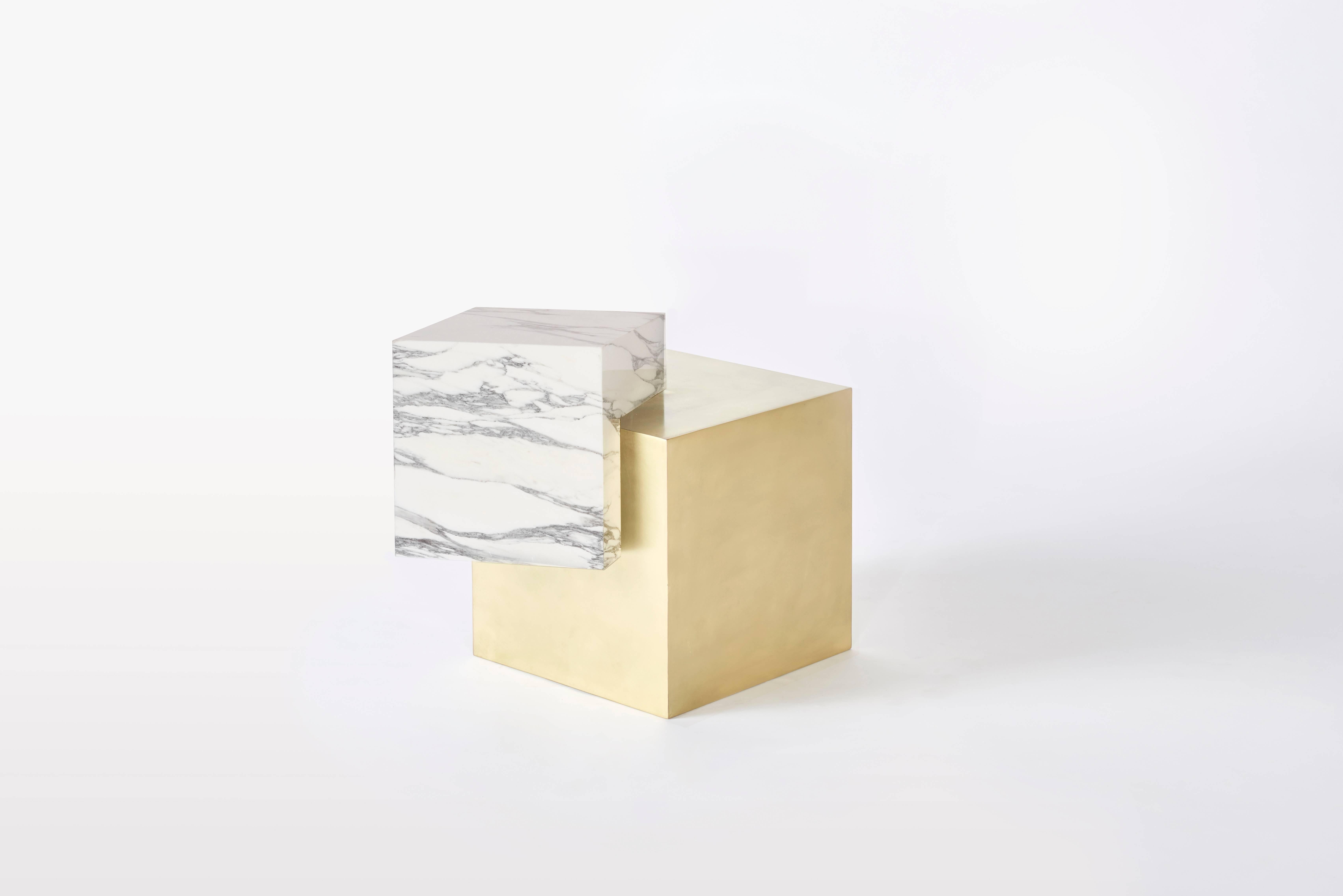 Coexist Askew Side Table in Statuary Marble with Brushed Brass Cube For Sale at 1stDibs | marble ...